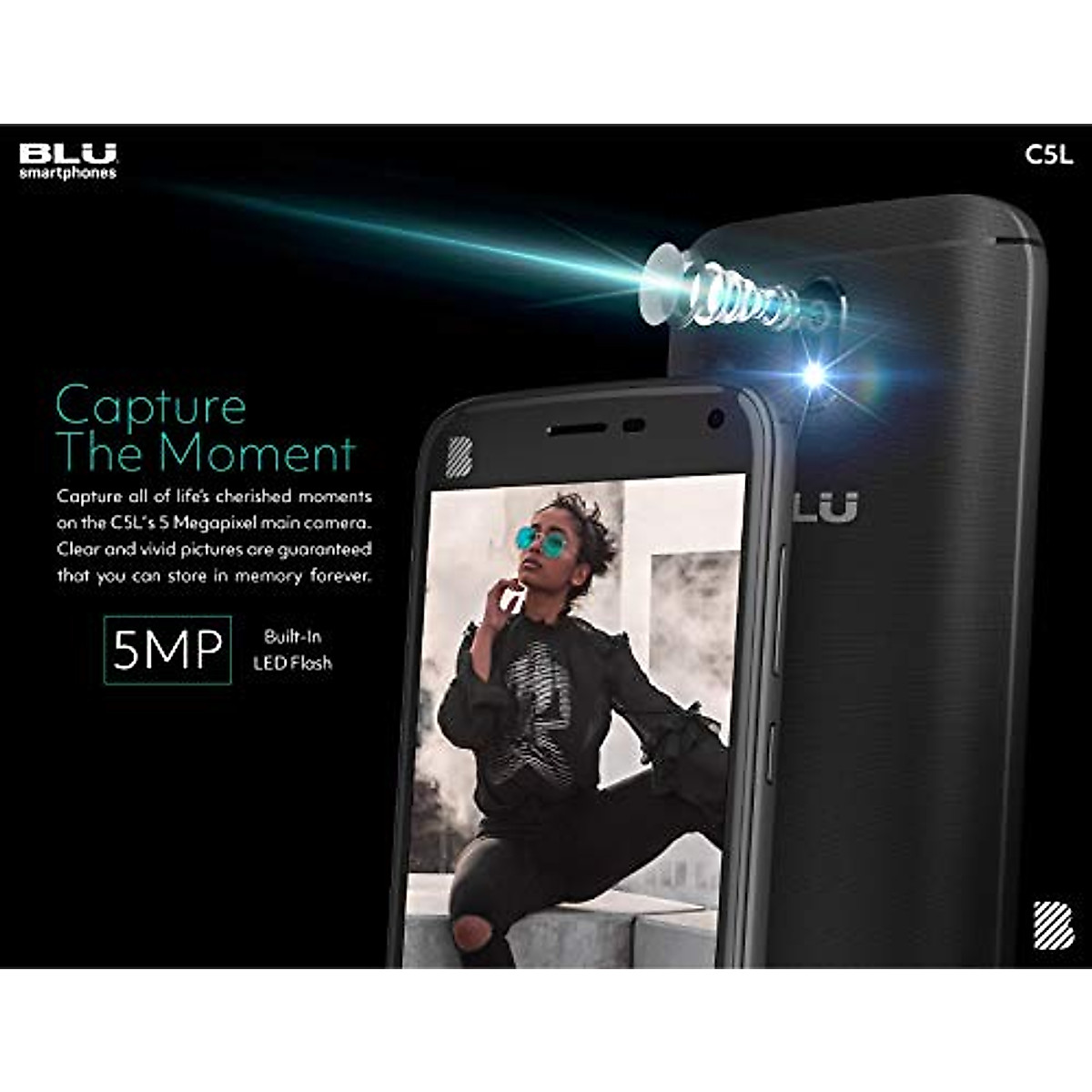 BLU C5L Android Cell Phone 5'' 16GB Memory Factory Unlocked 5.0'' Display -Black