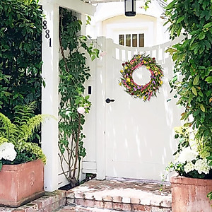 Martine Mall 22 Inch Daisy and Lavender Wreath Wildflower Spring Summer Wreath Floral Wreath Artificial Flower with Berry Wreath for Front Door Garden Party Wedding Home Decor