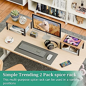 Simple Trending Cabinet Organizer Shelf,Expandable,Stackable Set of 2 Kitchen Counter Organizer Shelves for Spice Rack Desk Organizer, Metal and Wood, Natural and Black