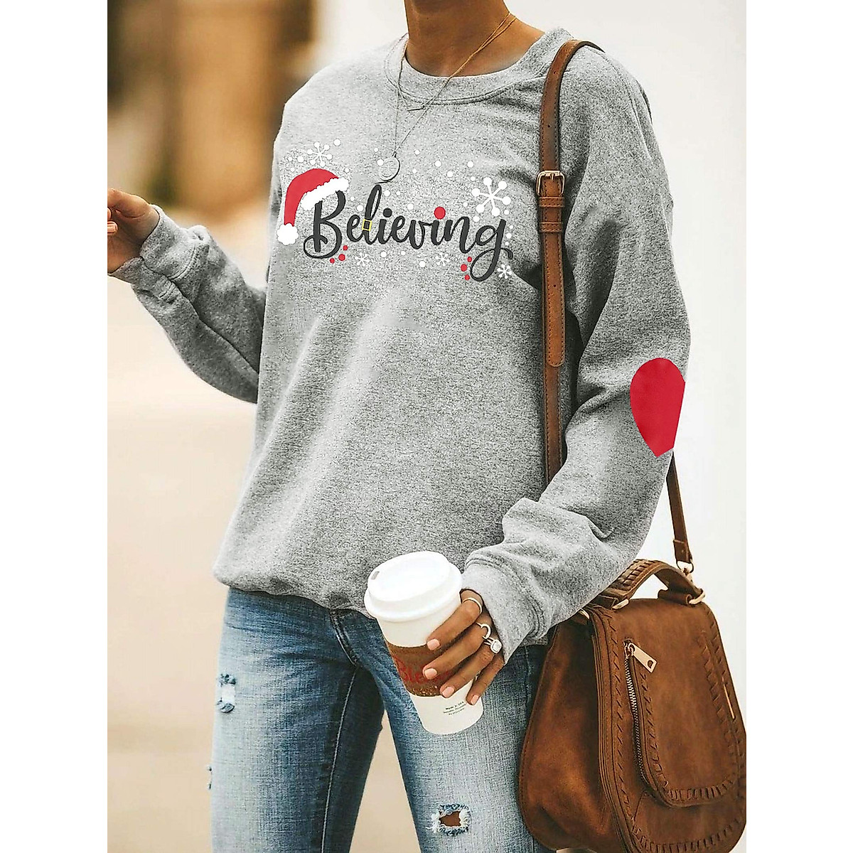 BLANCHES Christmas Sweatshirts for Women Believe Sweatshirt Funny Reindeer Snowman Xmas Holiday Long Sleeves Pullover Tops Grey