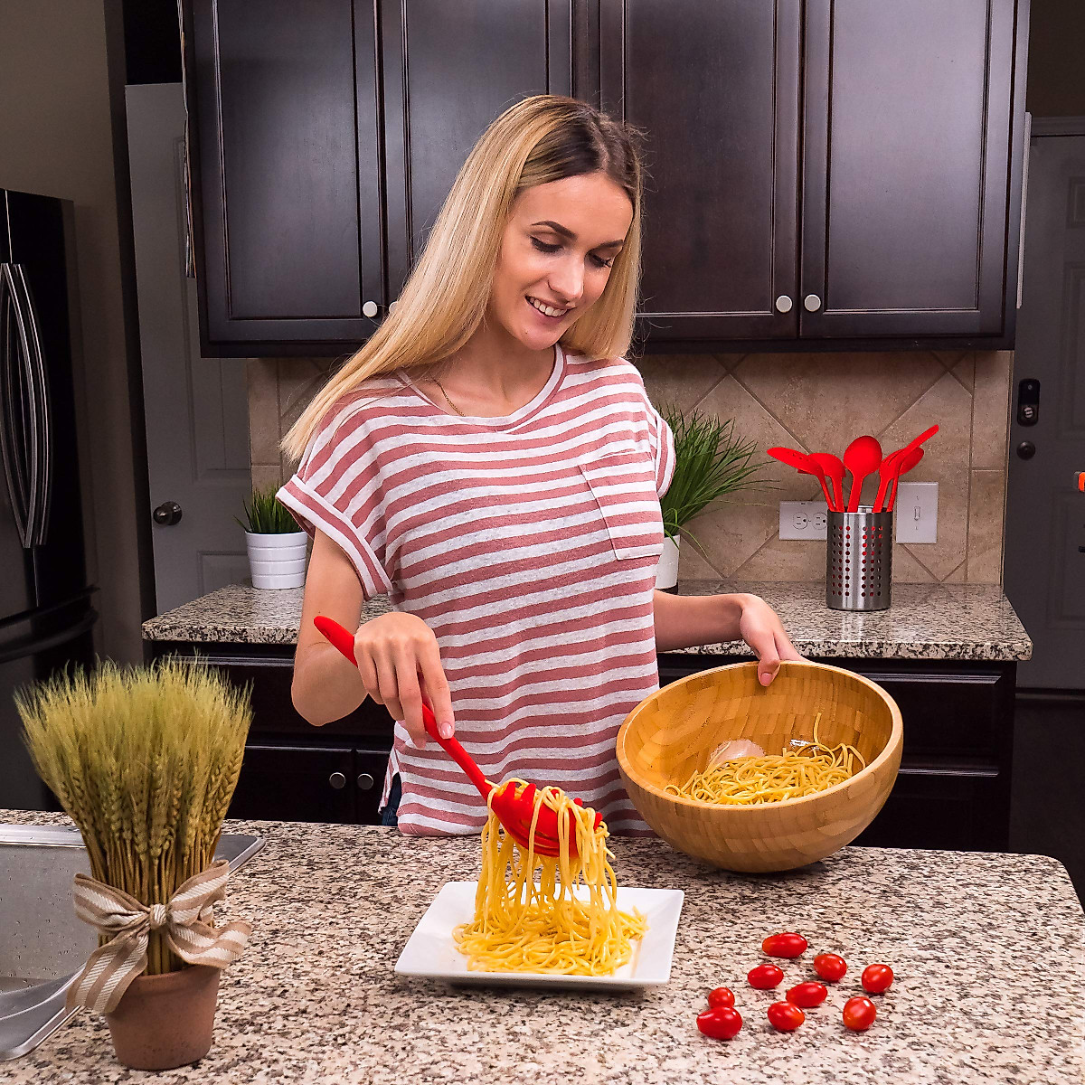 Culinary Couture Red Silicone Cooking Utensils Set of 6, Non-Stick Heat-Resistant Silicone Kitchen Utensils Set with Steel Inner Core