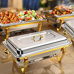 Jacgood 2 Pack 8 QT Chafing Dish Buffet Set, Gold Stainless Steel Catering Serve Chafer, Restaurant Food Warmer, Buffet Stove with Half Size Food Pan and Foldable Frame for Party