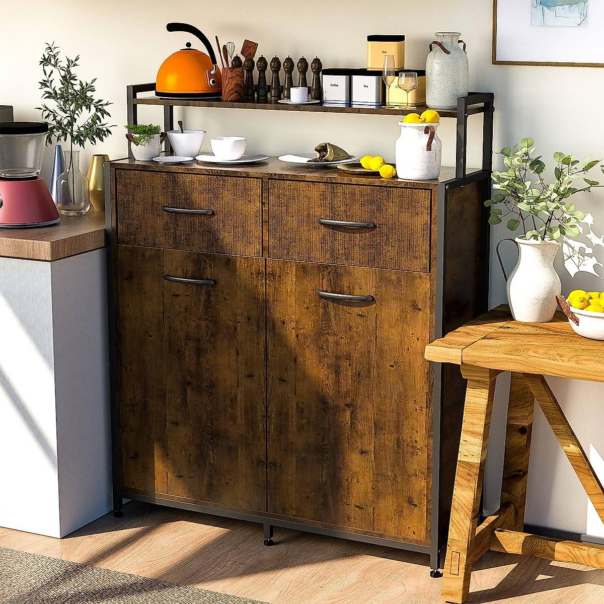 ZIAERKOR Double Tilt Out Trash Cabinet, Hidden Trash Bin Cabinet, Large Wooden Trash Can for Kitchen with Shelf, Dual Tilt Out Laundry Hamper Cabinet Free Standing Holder 10 Gallon