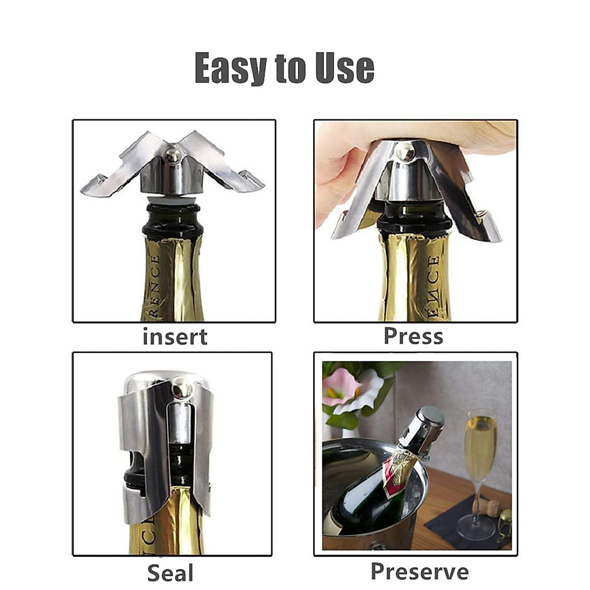3 Pack Reusable Champagne Stoppers, Stainless Steel Wine Sparkling Bottle Cork Set with a Built In Sealing Plug,Sealer for Cava, Prosecco (Silver)