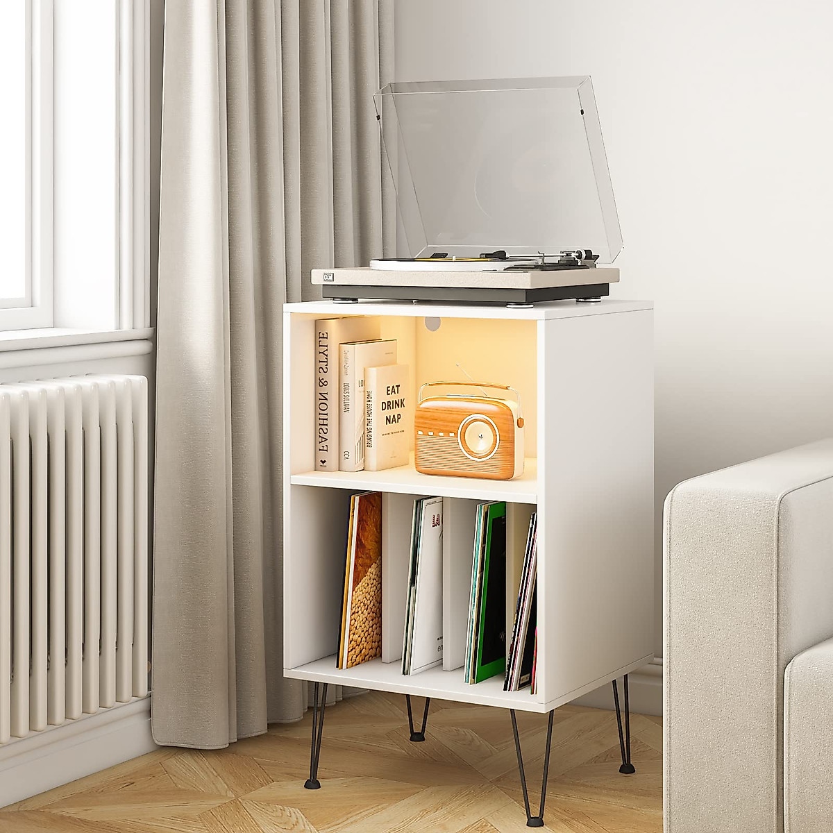 HOMMPA Record Player Stand with LED Lights White Record Storage Stand Vinyl Record Storage Cabinet with Metal Hairpin Legs Turntable Stand Table Holds Up to 150 Albums for Living Room Bedroom White