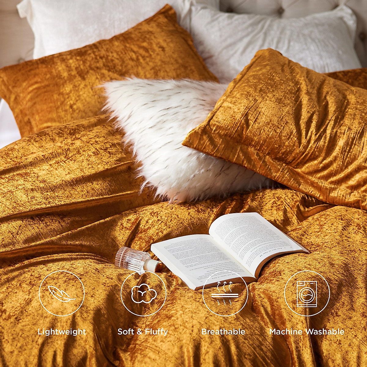 Bedsure Velvet Duvet Cover Set - Luxurious, Glossy King Size Duvet Cover Set, Honey Yellow Duvet Cover King Size with 2 Pillow Shams (Honey Yellow, King, 104 x 90 inches)