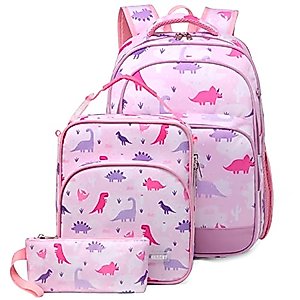 VASCHY Kids School Backpack Lunch Box Bag Pencil Case Combo, Children BookBag Schoolbag Set for Preschool/Kindergarten/Elementry School Supplies Boys Girls Pink Dinosaurs