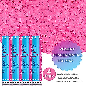 Gender Reveal Confetti Cannons - Biodegradable Gender Reveal Poppers for Birthdays, Baby Showers Confetti Shooter Party Celebration Supplies - 4 Pink Confetti