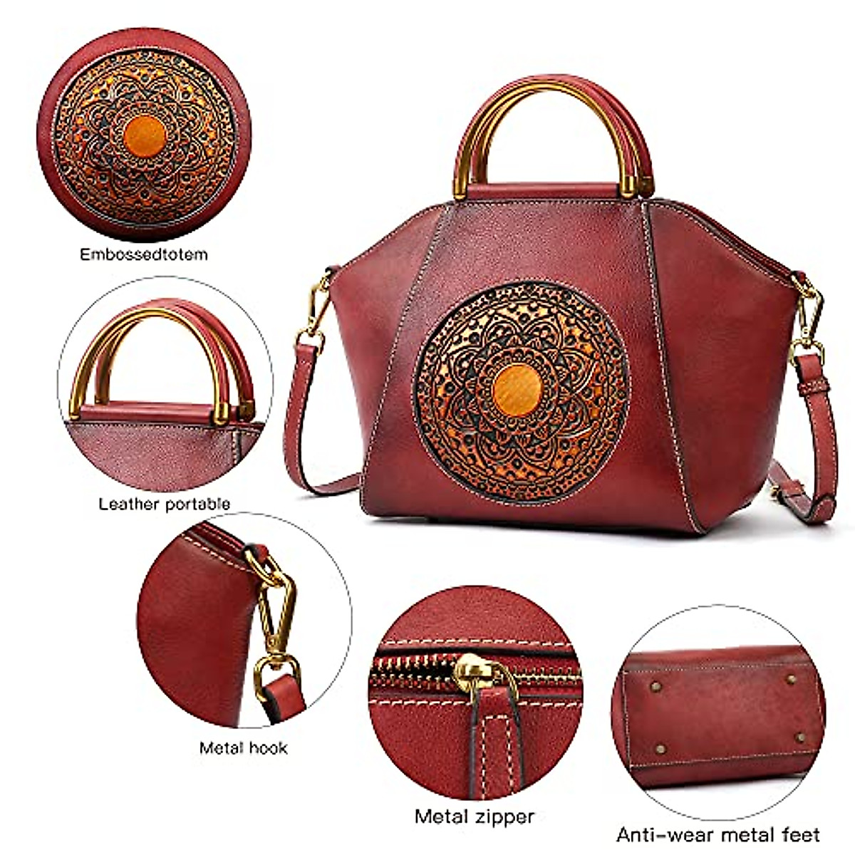 Genuine Leather Handbags for Women, Organizer Top Handle Satchel Vintage Embossing Totem Shoulder Bag