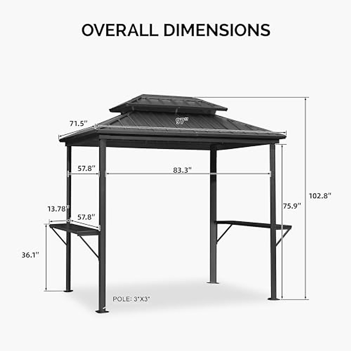 PURPLE LEAF 6' X 8' Hardtop Grill Gazebo for Patio Permanent Aluminum Barbeque Shelter Gazebo Canopy with Ceiling Hook and Shelves Double Tiered Grey Outdoor BBQ Gazebo