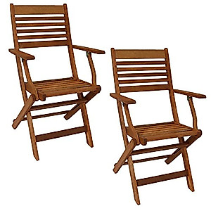 Sunnydaze Meranti Wood Outdoor Folding Patio Armchairs - Set of 2 - Outside Wooden Bistro Furniture for Lawn, Deck, Balcony, Garden and Porch - Teak Oil Finish