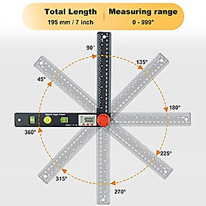 VOLCANOES CLUB Digital Angle Finder Protractor - 7inch Angle Gauge Spirit Level Ruler with INCH/MM & Level Bubble Vials - 360 Degree Measuring Super Gauge Tool for Carpenter, Construction, Woodworking
