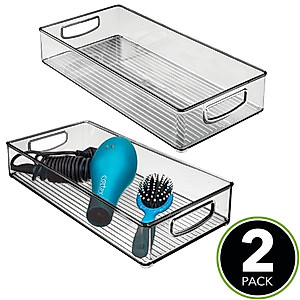 mDesign Plastic Stackable Storage Container Bin with Handles - Bathroom Cabinet Organizer for Makeup, Shampoo, Conditioner - 16" Long, 2 Pack - Smoke Gray