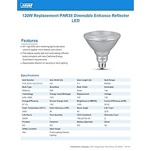 Feit Electric PAR38 LED Bulb, 120W Equivalent, Non Dimmable, 3000k Bright White, 1400 Lumens, 22 Year Lifespan, E26 Base, PAR38 Flood Light Bulb, CRI 90, Damp Rated, 1 Pack, PAR38DM/1400/930CA