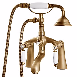 Aolemi Clawfoot Tub Faucet with Handheld Spray and Bathtub Spout Double Lever Handle Bathroom Mixer Tap Victoria Vintage Telephone Shape Shower Set Deck Mount Antique Brass