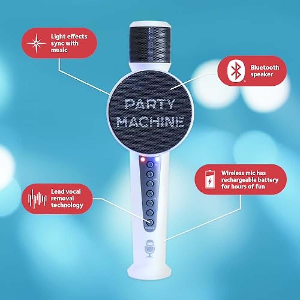 Singing Machine Wireless Karaoke Microphone for Kids & Adults, Party Machine Mic (White) - Portable Handheld Bluetooth Microphone with Speaker & Voice Changer Effect - Karaoke Mic for Singing