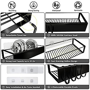 ROSEYAT Shower Caddy Shelf with Towel Bar, Adhesive Shampoo Holder with Hook, Shower Rack Basket Organizer for Bathroom, 2-in-1 Bathroom Shelf Kitchen Spice Organizer, 2-Pack Black