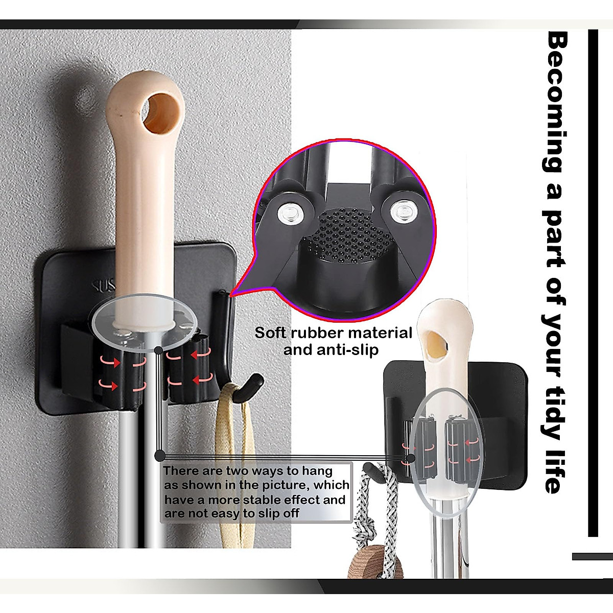 Free Eagle Holder Wall Mount, 6 Packs Tool Storage & Laundry Closet Room Organizer, Adhesive Utility & Garage Storage Rack Cabinet, Mop & Broom Stainless Hanger, 1 Racks With 1 Hooks (01 black)