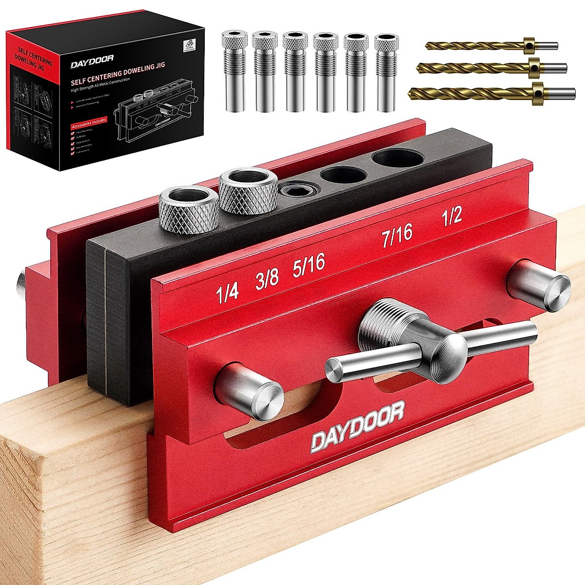 DAYDOOR Self Centering Doweling Jig, Adjustable Width Dowel Jig for Straight Holes, Biscuit Joiner Set with 6 Bushings and 3 Drill Bits(Red)