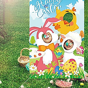 HOWAF Easter Banner Decorations Easter Bunny Photo Door Banner Large Fabric Happy Easter Backdrop Photo Prop Funny Eggs Bunny Face in Hole Game for Easter Party Supplies, 59×39 inche