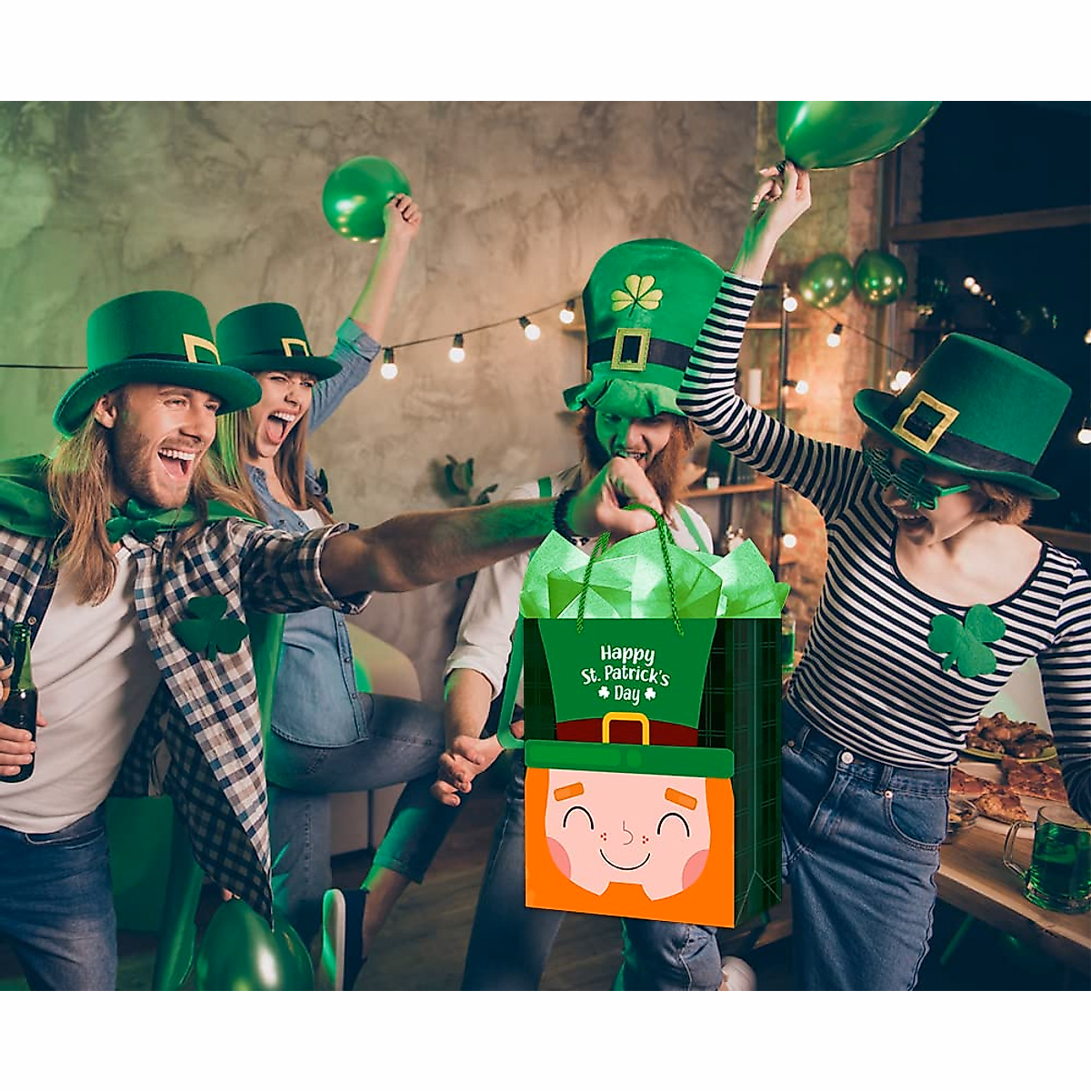 SICOHOME St Patricks Day Gift Bag 11.5"x 9" Green Buffalo Plaid Gift Bags with Tissue Paper, Happy St.Patricks Gift Wrapping Bags for Kids Classroom Party Favor Supplies