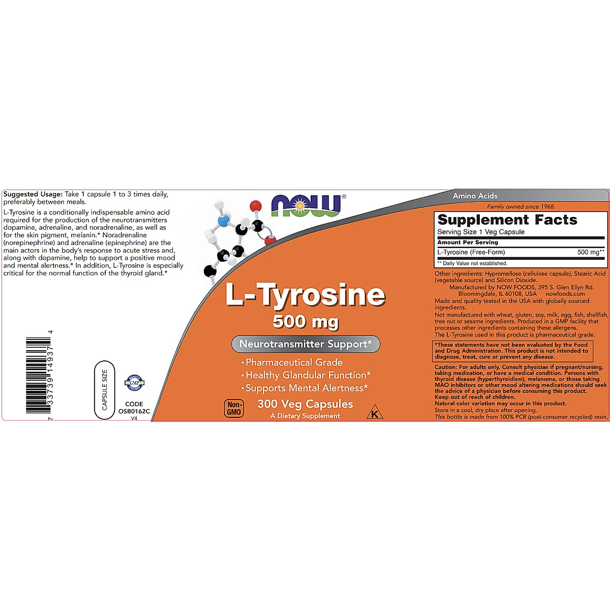 Now Foods L-Tyrosine 500mg, 300 Capsules - Non GMO - Supports Mental Alertness - 500 mg Caps - Free Form Supplement