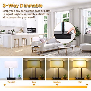 3-Way Dimmable Touch Control Table Lamp with 2 USB Ports and AC Power Outlet Modern Bedside Nightstand Lamp Fabric Shade and Metal Base for Guestroom Bedroom Living Room Hotel LED Bulb Included White