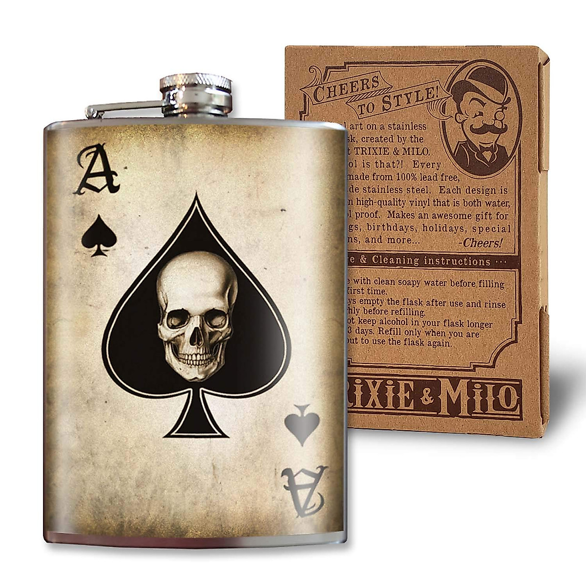 Trixie & Milo Stainless Steel Funny Flasks for Men - Perfect Gifts for Him, Groomsmen Gifts, Bar Accessories and Dad Gifts - Holds 8 oz. of Fluid-Ace of Spades