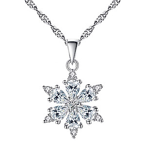 OKA Lucky Snowflake Necklace Long Pendant Necklace with White Cubic Zirconia Silver Jewelry Christmas New Year Holiday Gifts for Women Girls