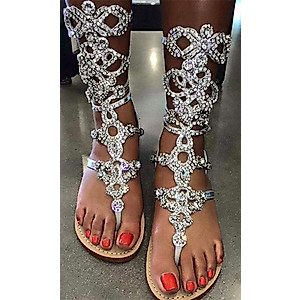 Hinyyrin Women's Rhinestone Sandals Silver Gladiator Sandals Summer Flat Dress Sandals Beach Wedding Banquet Size 7