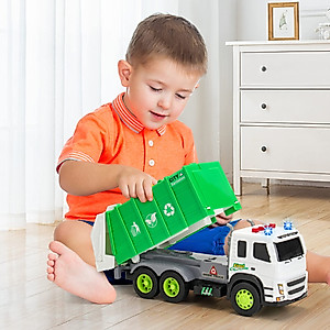 MOBIUS Toys Garbage Truck Friction-Powered – 1:12 Scale Large Size Truck w/Sounds, Lights, Loader, 4 Trash Cans for Learning Waste Management Recycling Toy for Toddlers, Boys, Girls 3 4 5 Years Old