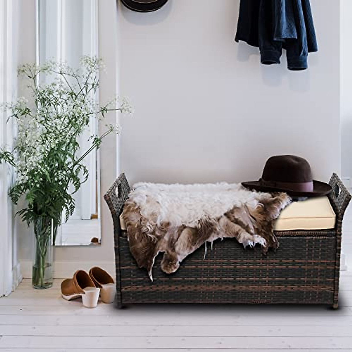 VINGLI 40 Gallon Outdoor Storage Bench with Cushion, Rattan Storage Box, Patio Wicker Deck Box with Seat for Garden | Balcony | Porch | Pool | Yard (Brown Frame + Beige Cushion)