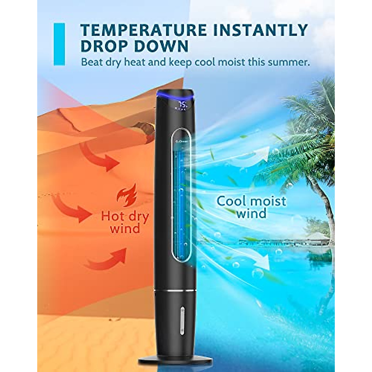 Evaporative Cooler, 46" Air Cooler Fan with Remote, 3-IN-1 Swamp Cooler, Night light, Oscillating, Humidifying, 3 Modes, 3 Speeds, 8H Timer, 2 Ice Packs, Portable Air Conditioner for Home Bedroom