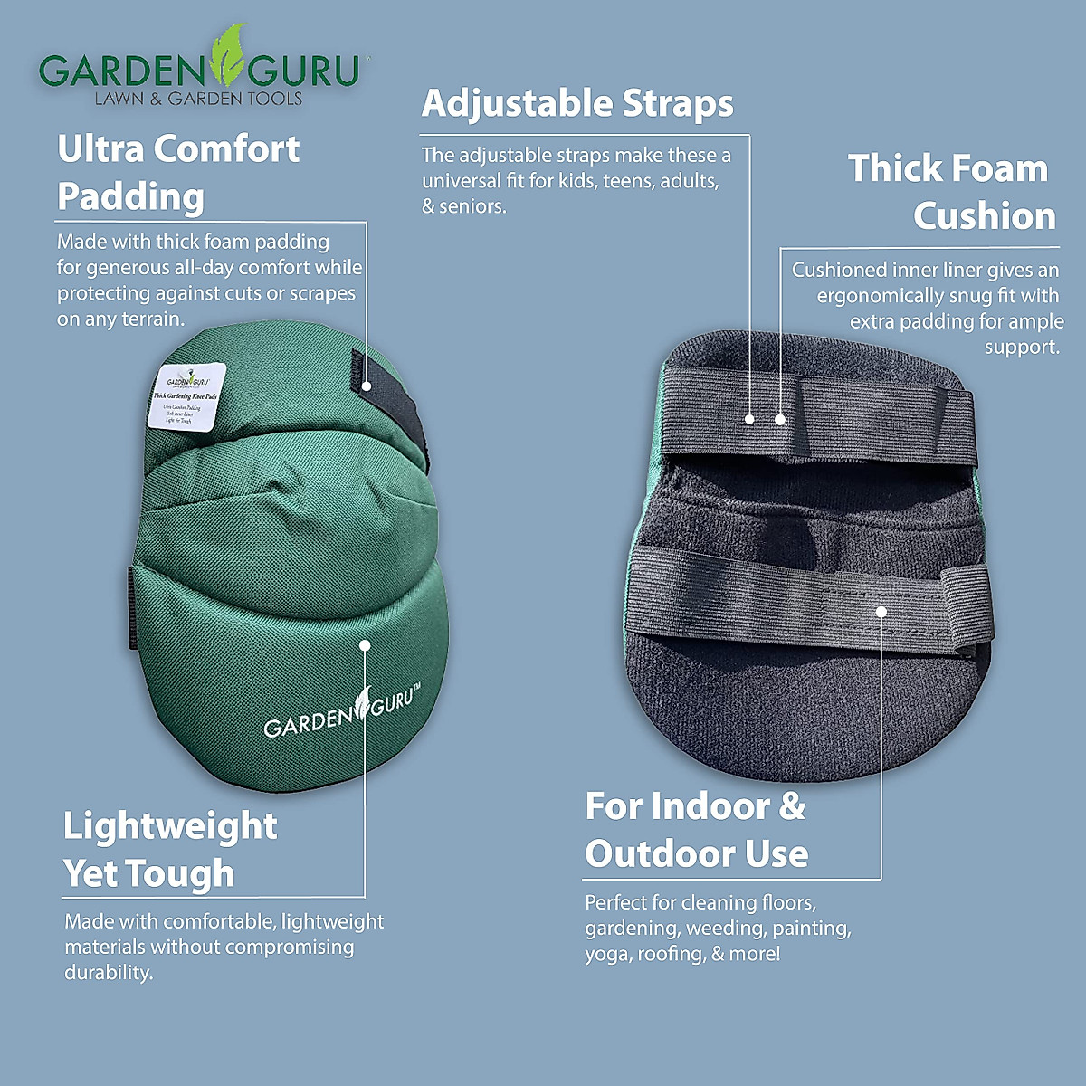 Garden Guru Cushioned Gardening Knee Pads with Adjustable Straps - Soft Inner Liner, Ultra Comfort Padding, Garden Kneelers for Yard Work, Cleaning, Household Chores, Roofing, and More