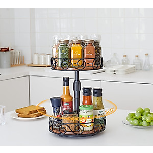 Y&M 2 Tier Lazy Susan, 9” & 10” Acacia Wood Lazy Susan Turntable Organizer, Height Adjustable Spice Rack with Steel Sides, Spice Jars Organization for Cabinet, Pantry, Kitchen, Bathroom, Countertop