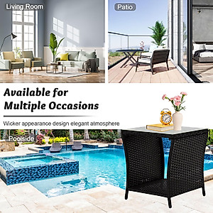 Kinsunny Square Glass Top Wicker Coffee Table, Outdoor Side Tables with Storage, Patio Furniture Patio Coffee Bistro Table PE Rattan Wicker Side Table w/Glass Top Indoor Outdoor, Black