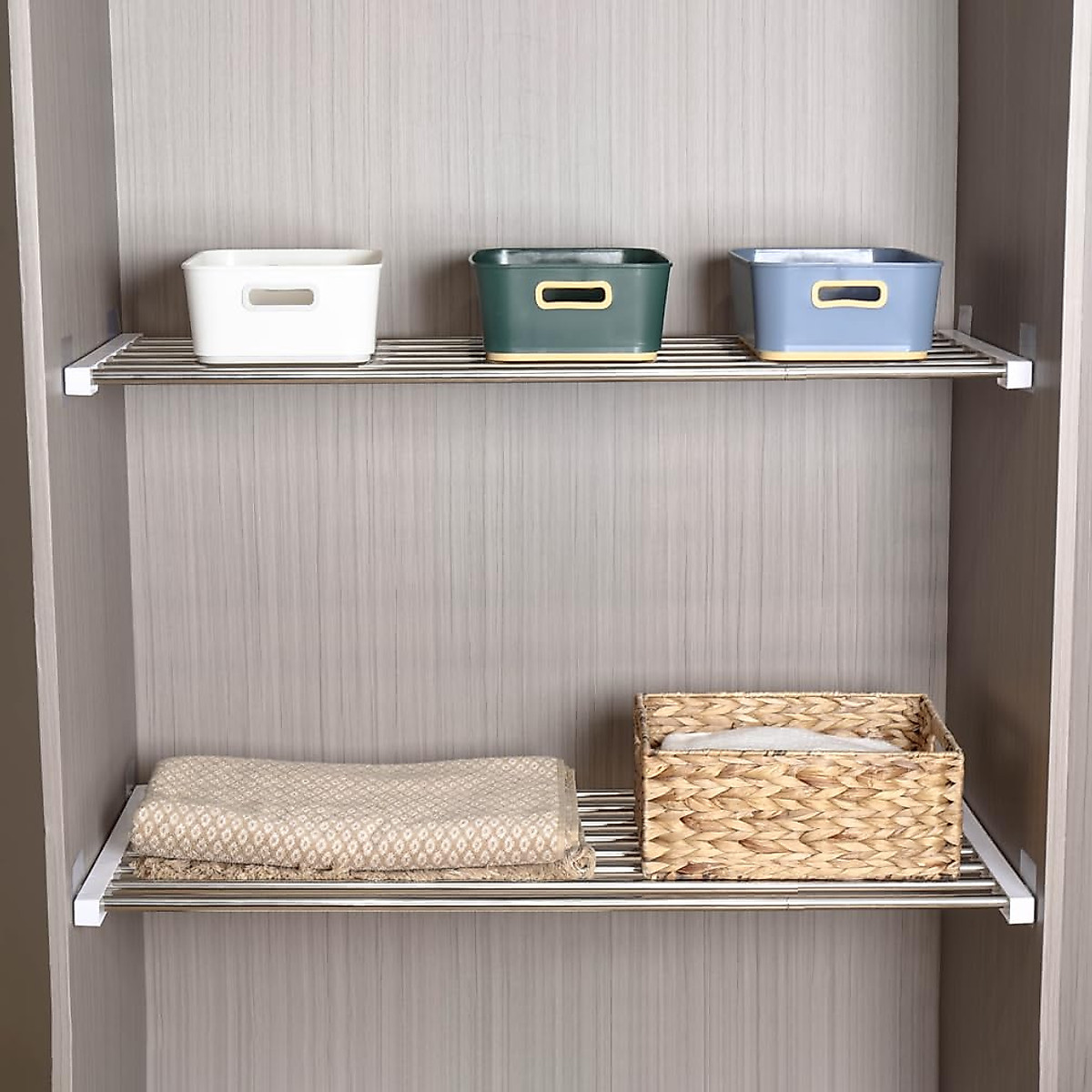 Hershii Adjustable Closet Shelf Wardrobe Rail Metal Hanging Rod Storage Rack Extendable Clothes Divider Separator Organizer for Cabinet Cupboard Kitchen Bathroom, (13.77''-23.62'') X 14.17''