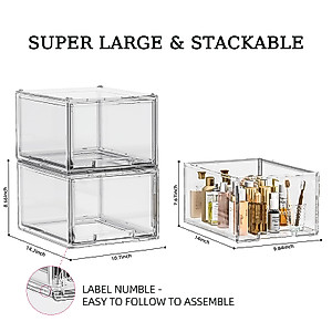 MSHOMELY 2 Pack Large Stackable Storage Drawers, Clear Under Sink Organizers and Storage, Arcylic Bathroom Makeup Organizers, Plastic Storage Bins for Vanity, Undersink, Kitchen Cabinet, Bathroom