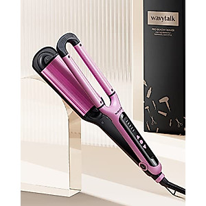 Wavytalk Beach Waves Curling Iron 3 Barrel Deep Hair Waver Hair Crimper Ceramic Curling Wand Beachy Waving Wand Hair Iron Adjustable Heat 300℉ - 420 ℉ Dual Voltage Pink