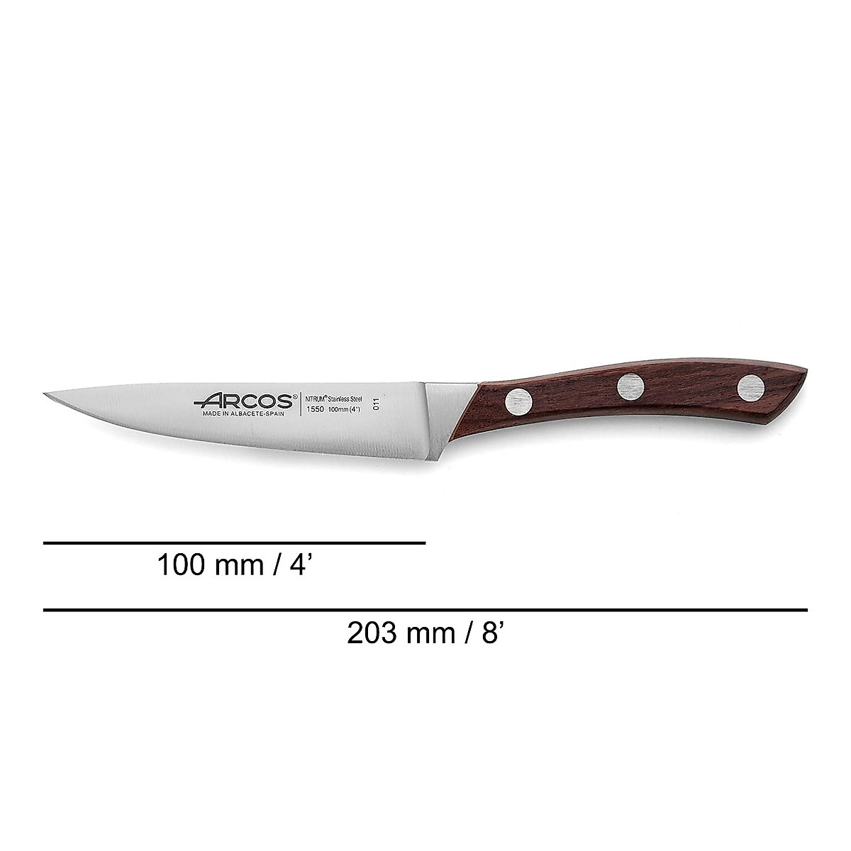 Arcos Paring knife 4 inches Nitrum Stainless Steel.Paring Knife for Peeling Fruits and Vegetables. Wooden Handle and blade 100 mm. Rust & Wear Resistant. Series Natura. Color Brown
