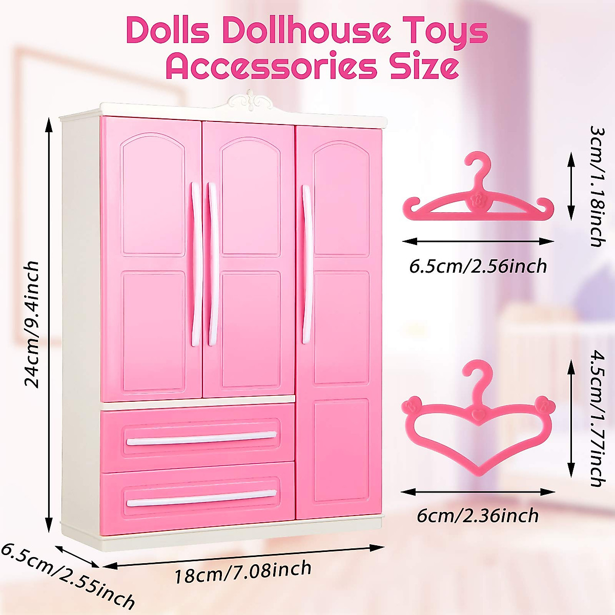 Doll Closet Furniture Wardrobe Clothing Organizer Doll Open Wardrobe Dollhouse Closet with 20 Pieces Doll Hangers 2 Style Pink Plastic Hangers Dollhouse Furniture Accessories (Classic Style)