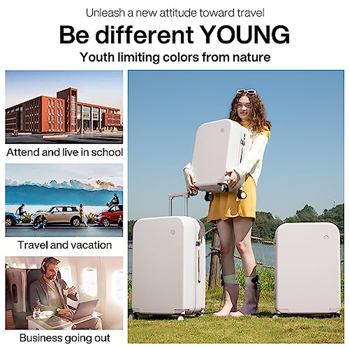 Mixi 3-Piece Luggage Set Hardside PC Travel Suitcase Rolling Bag Spinner Wheels TSA Lock, 20+24+28 Off White(Slight Pink), with Cover