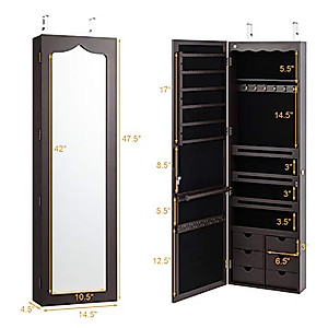 CHARMAID 5 LEDs Mirror Jewelry Armoire Wall Door Mounted, Lockable Jewelry Cabinet with 6 Drawers and Full Length Mirror, Large Capacity Jewelry Organizer Storage Jewelry Box with Drawers (Brown)