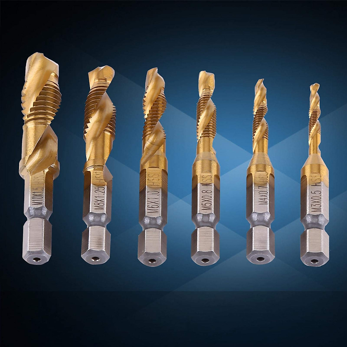6pcs Thread Tap Screw Metric Thread Coated HSS Drill and Tap Bits 1/4" Hex Shank Drill Bits M3-M10