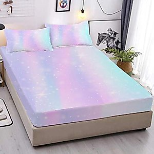 MUSOLEI Colorful Girls Fitted Sheet Set Rainbow sheets, 3D Rainbow Twin Bedding Set girl bed sheets 2PCS Boho 1 Fitted Sheet with 2 Pillowcases Wrinkle Free Cozy Microfiber Twin sheets for girls(full)