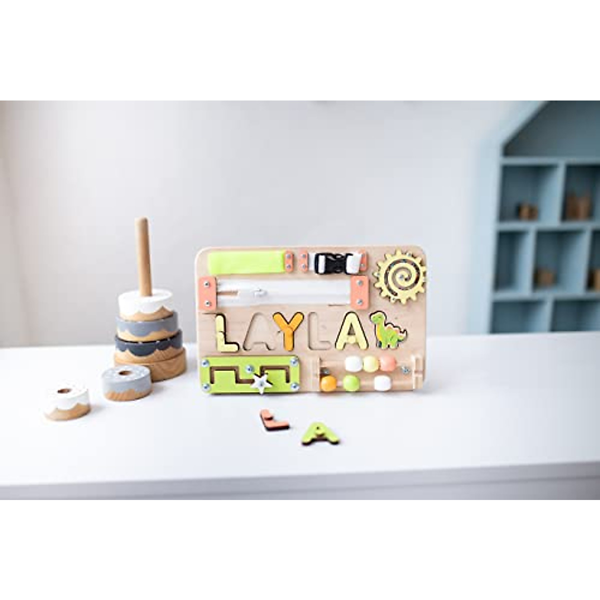 Name Puzzle Busy Board Custom Personalized Baby Gift Wooden Montessori Toys Learning Sensory Board Toddler Toys Fidget Zipper Buckle Plane Car Travel Boy Girl Latches Autistic Education Engaging Child