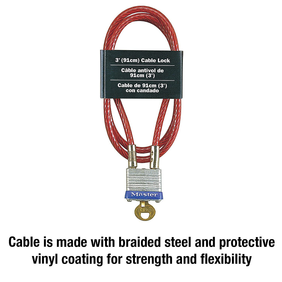 Master Lock 719D Steel Cable with Integrated Outdoor Padlock with Key, 1 Pack, Silver, 3' Long x 3/16' Diameter