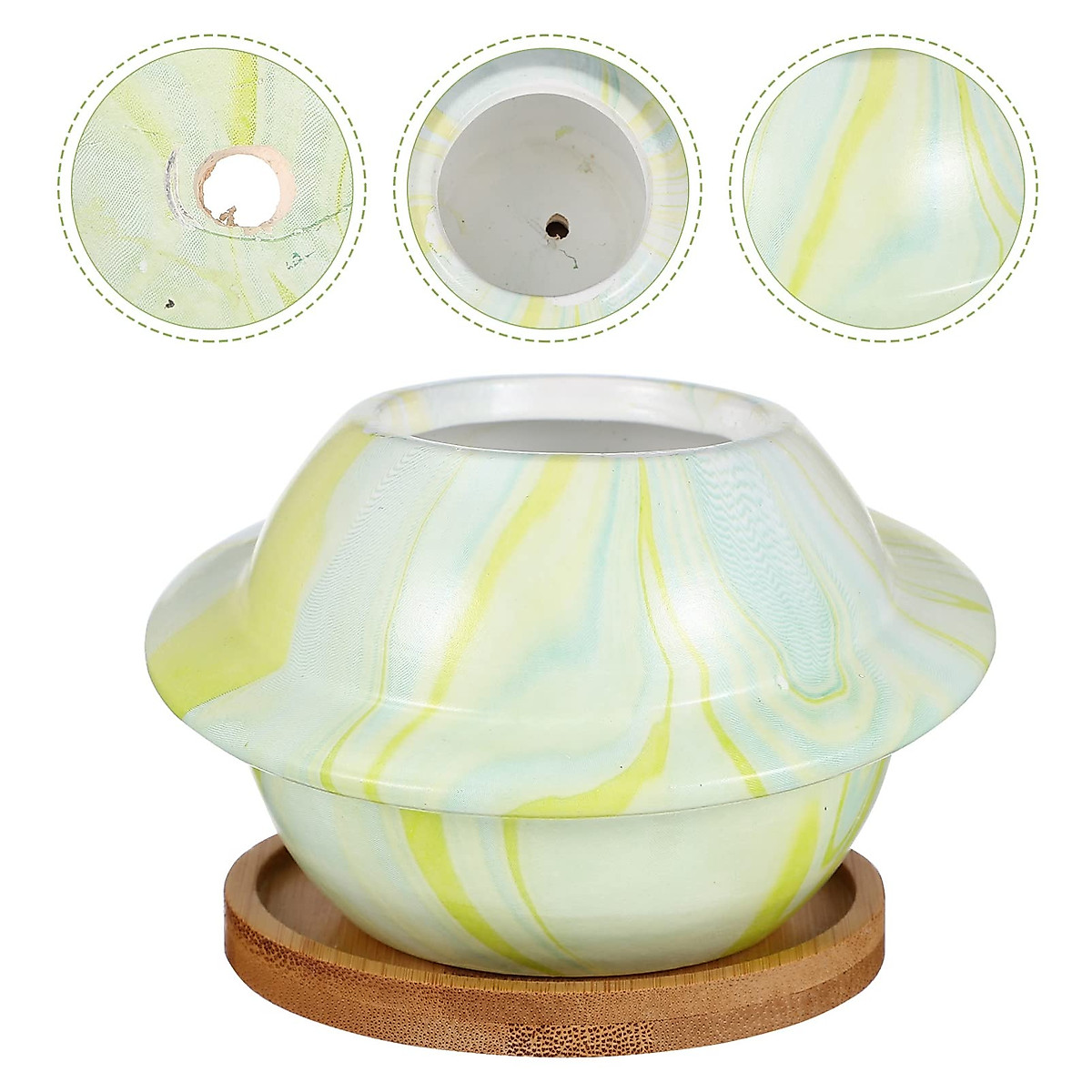 African Violet Pots Ceramic Succulent Planters with Drainage 1 Set Round Ceramic Bonsai Pot Shallow Flower Pot with Wood Tray Floral Planter Bowl for Home Office Garden Green Home Decor