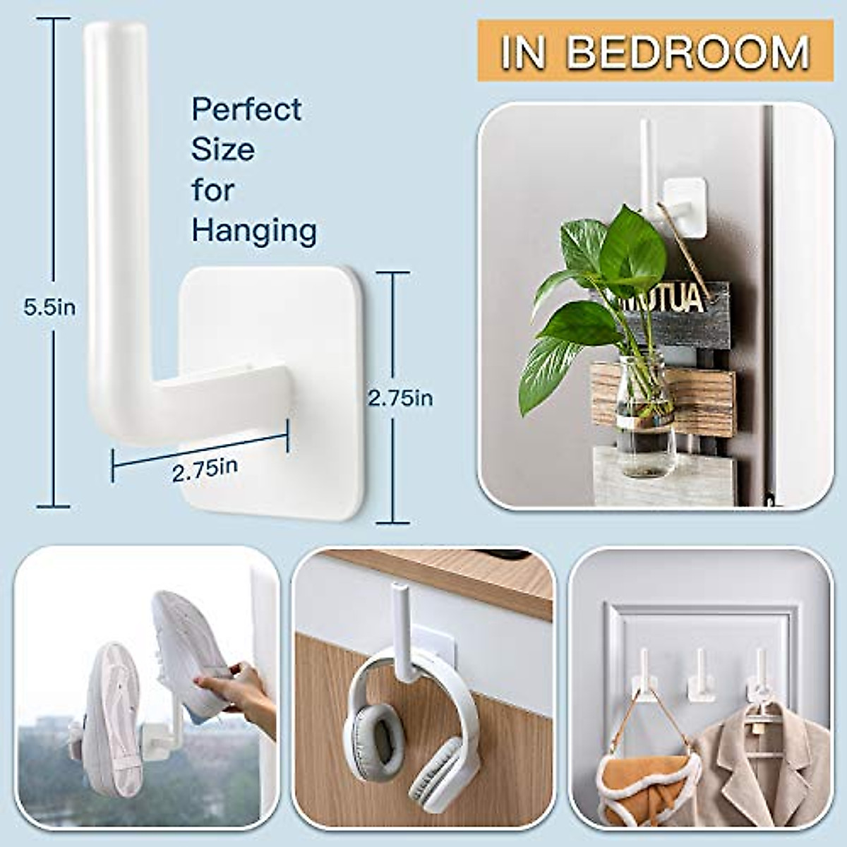 Muilt-Purpose Adhesive Hooks, Seamless Wall Hooks for Kitchen Bathroom Bedroom Hanging for Cups Utensil Coats,Towel,Handbag Utility Hooks 2PCS