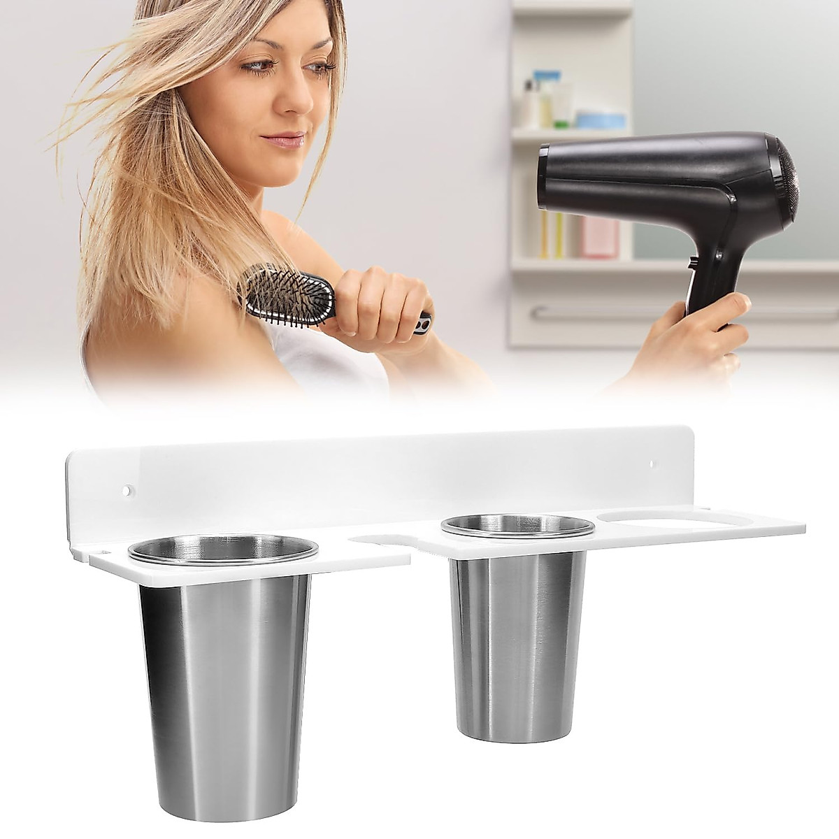 QWORK Wall-Mounted Hair Tool Organizer - Acrylic and Stainless Steel Hair Appliance Holder with Heat-Resistant Cups, Easy Installation for Bathrooms, Salons, Hotels